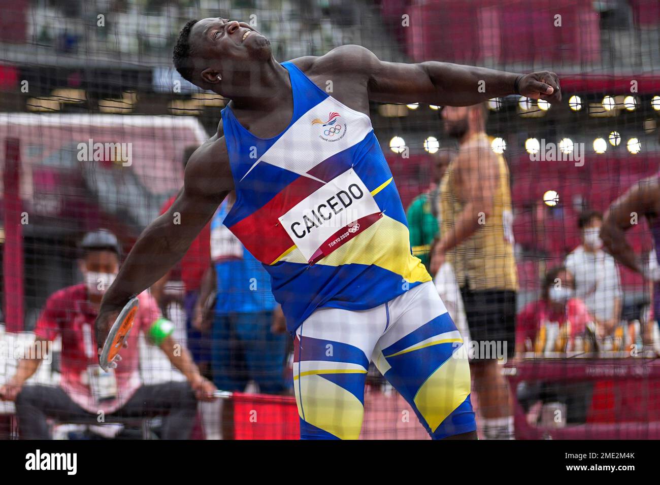 Juan Caicedo, of Ecuador, competes in his heat of men???s discus throw ...