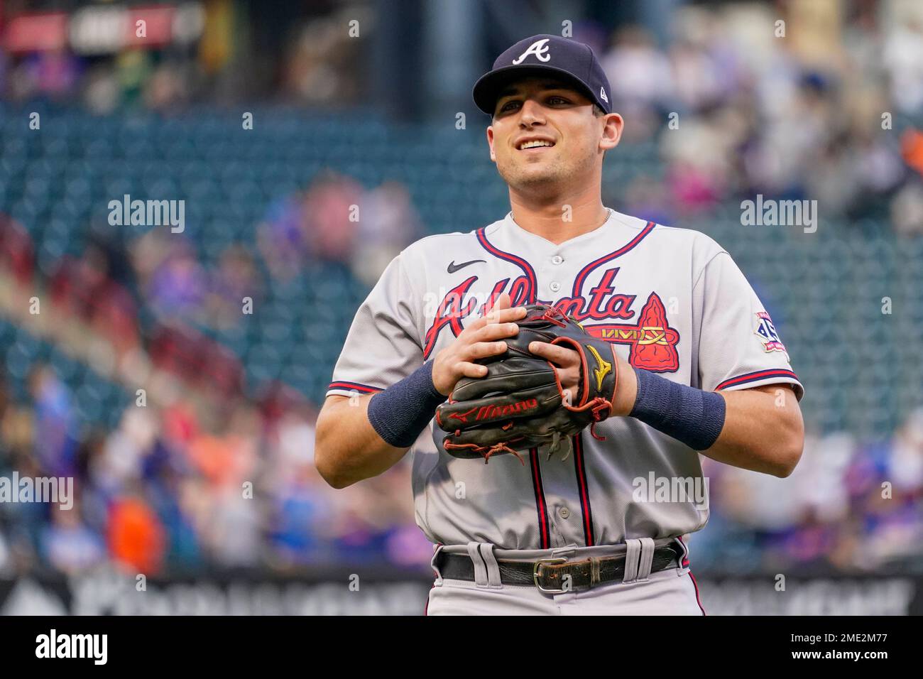 Atlanta Braves' Austin Riley warms up before the start of a baseball ...