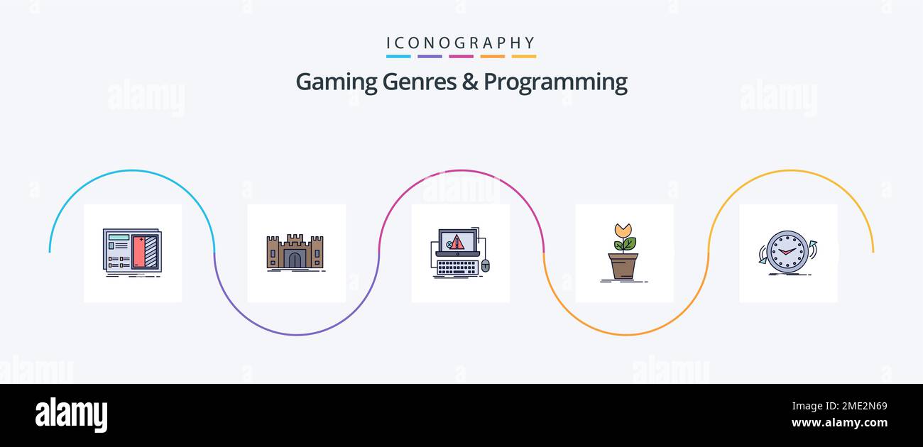 Gaming Genres And Programming Line Filled Flat 5 Icon Pack Including mario. adventure. fortress ...
