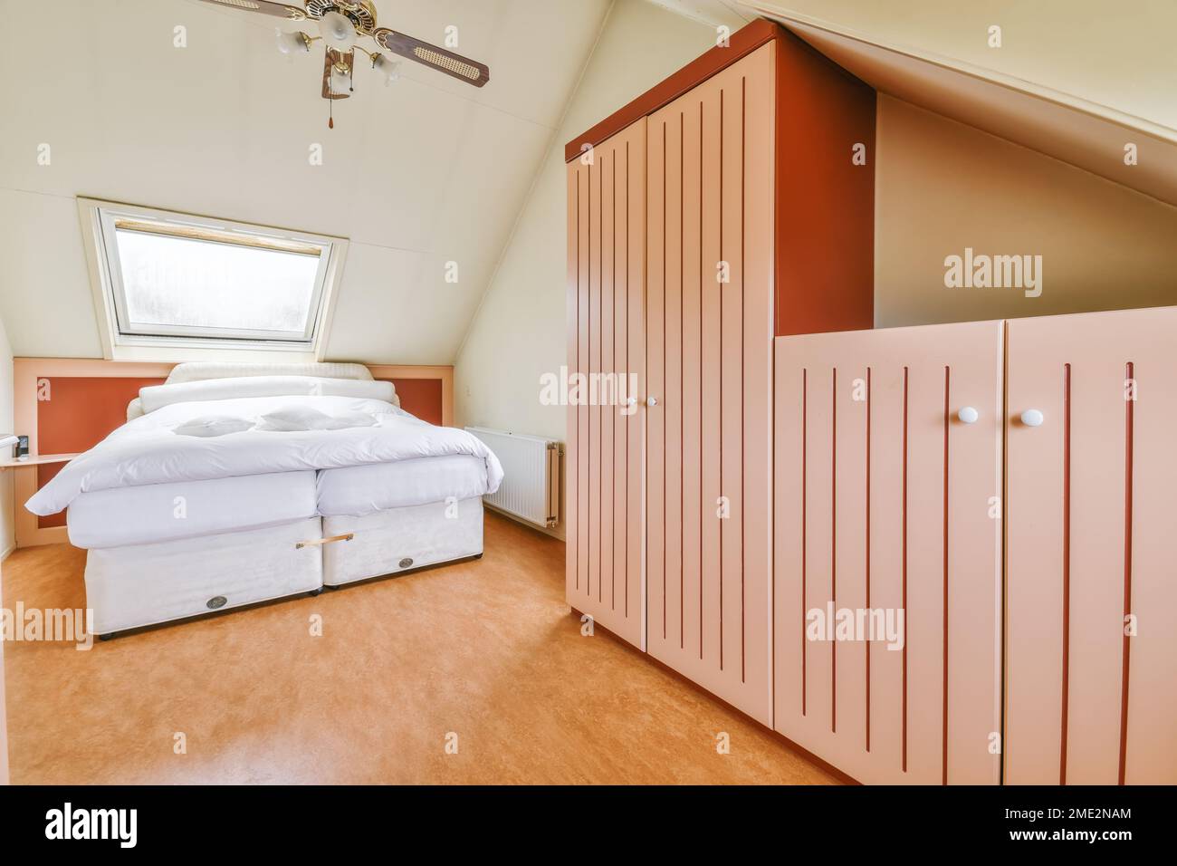 Interior design of modern bedroom on top floor of residential house ...