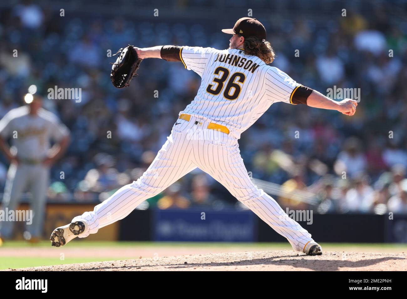 San Diego Padres relief pitcher Pierce Johnson delivers a pitch against ...