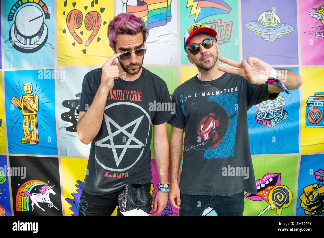 Jack Barakat, left, and Alex Gaskarth of All Time Low pose on day one ...