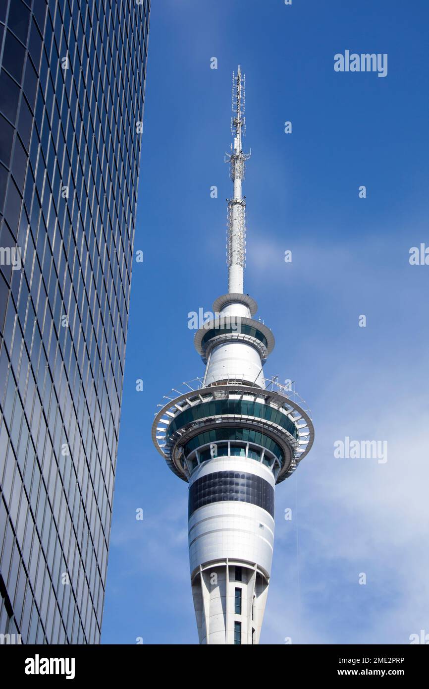 The glass covered modern skyscraper and futuristic tower in Auckland ...