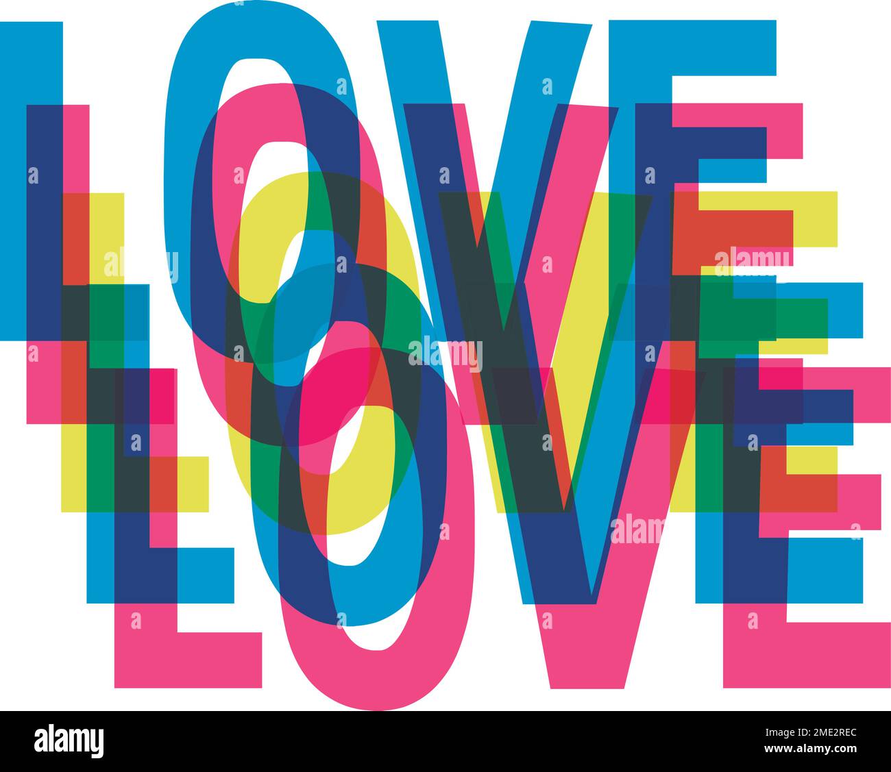Risograph effect. Template with text - word love. Colored text on a white background. Double ...