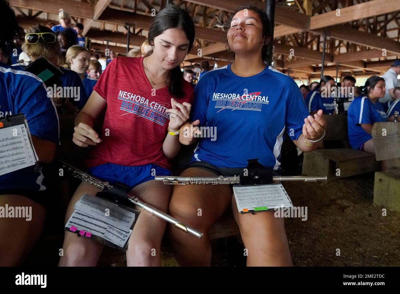 Neshoba Central High School band members Emily Doss, 15, left, and her ...