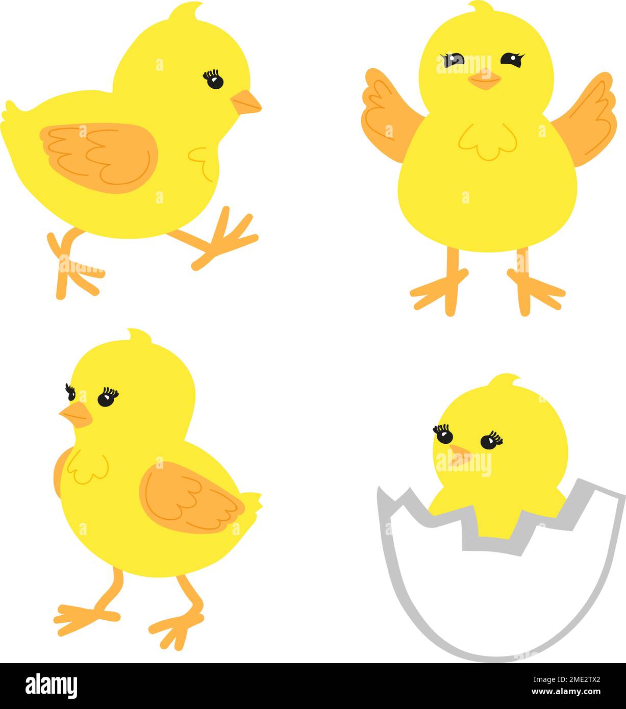Set of cute little chickens in different poses. Hand drawn yellow ...
