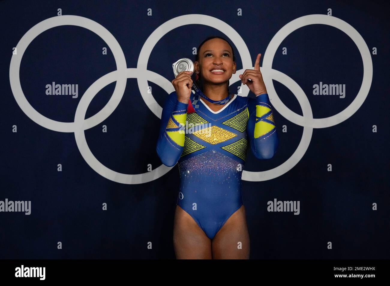 Rebeca Andrade, of Brazil, reacts as she poses for a picture after ...