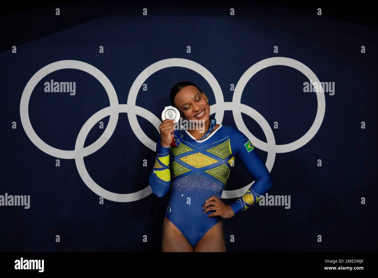 Rebeca Andrade, of Brazil, reacts as she poses for a picture after ...