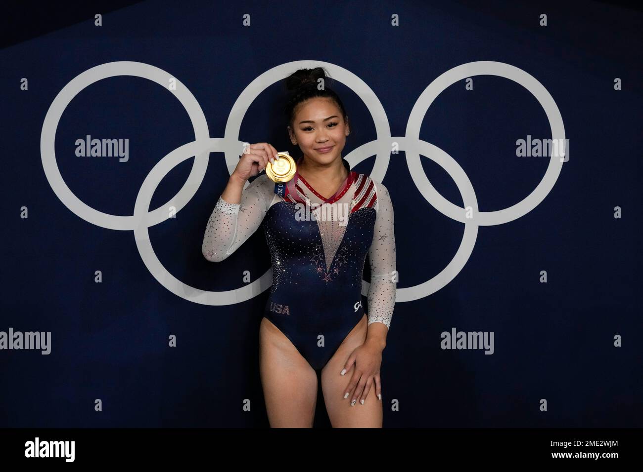 Sunisa Lee, of United States, reacts as she poses for a picture after ...