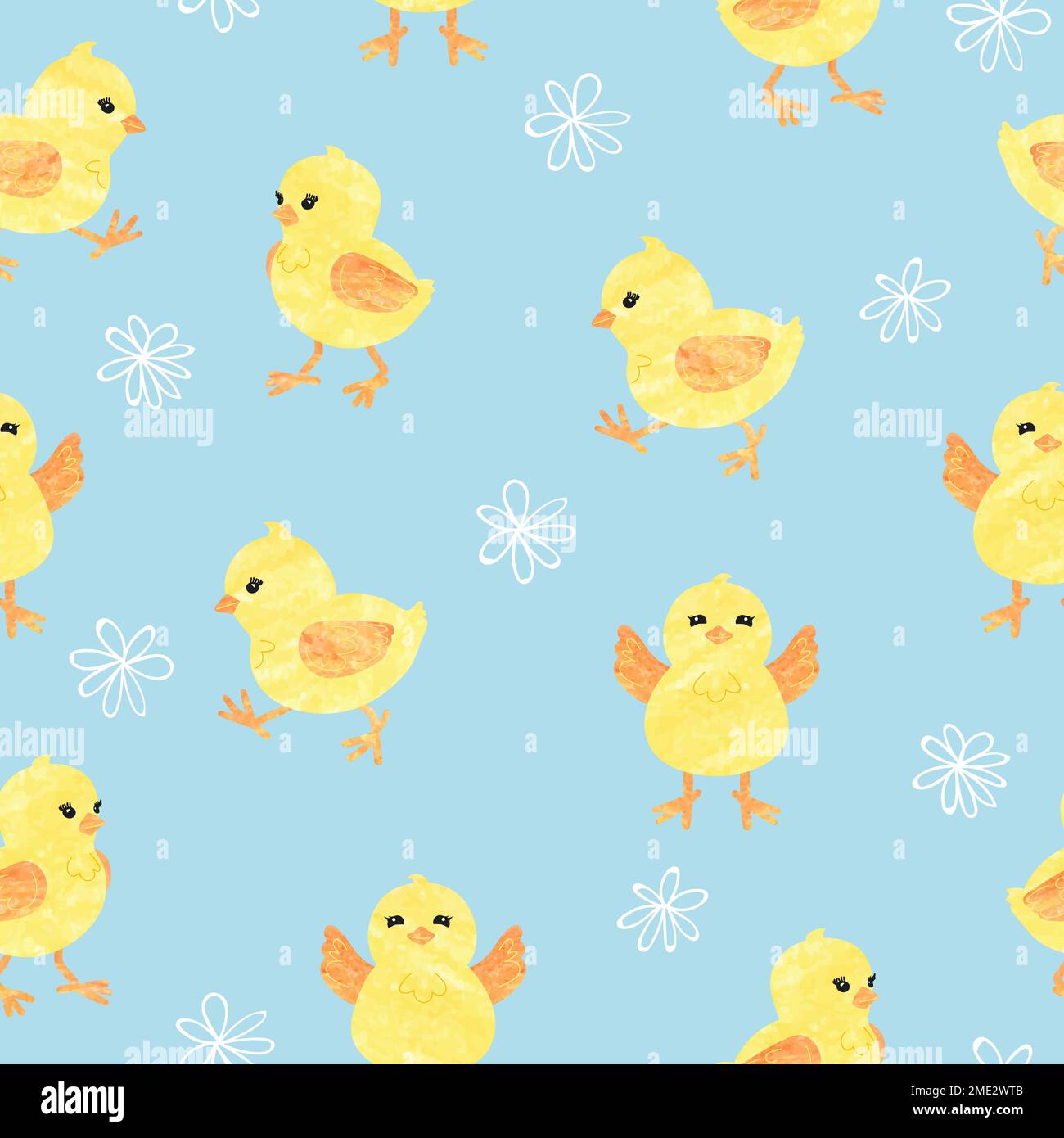 Seamless blue pattern with cute little chickens. Funny yellow chicks in ...