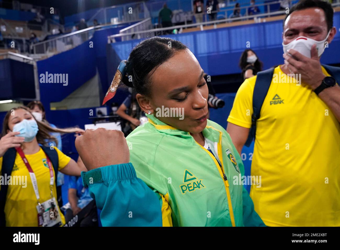 Brazil's Rebeca Andrade celebrates after winning the silver medal in ...