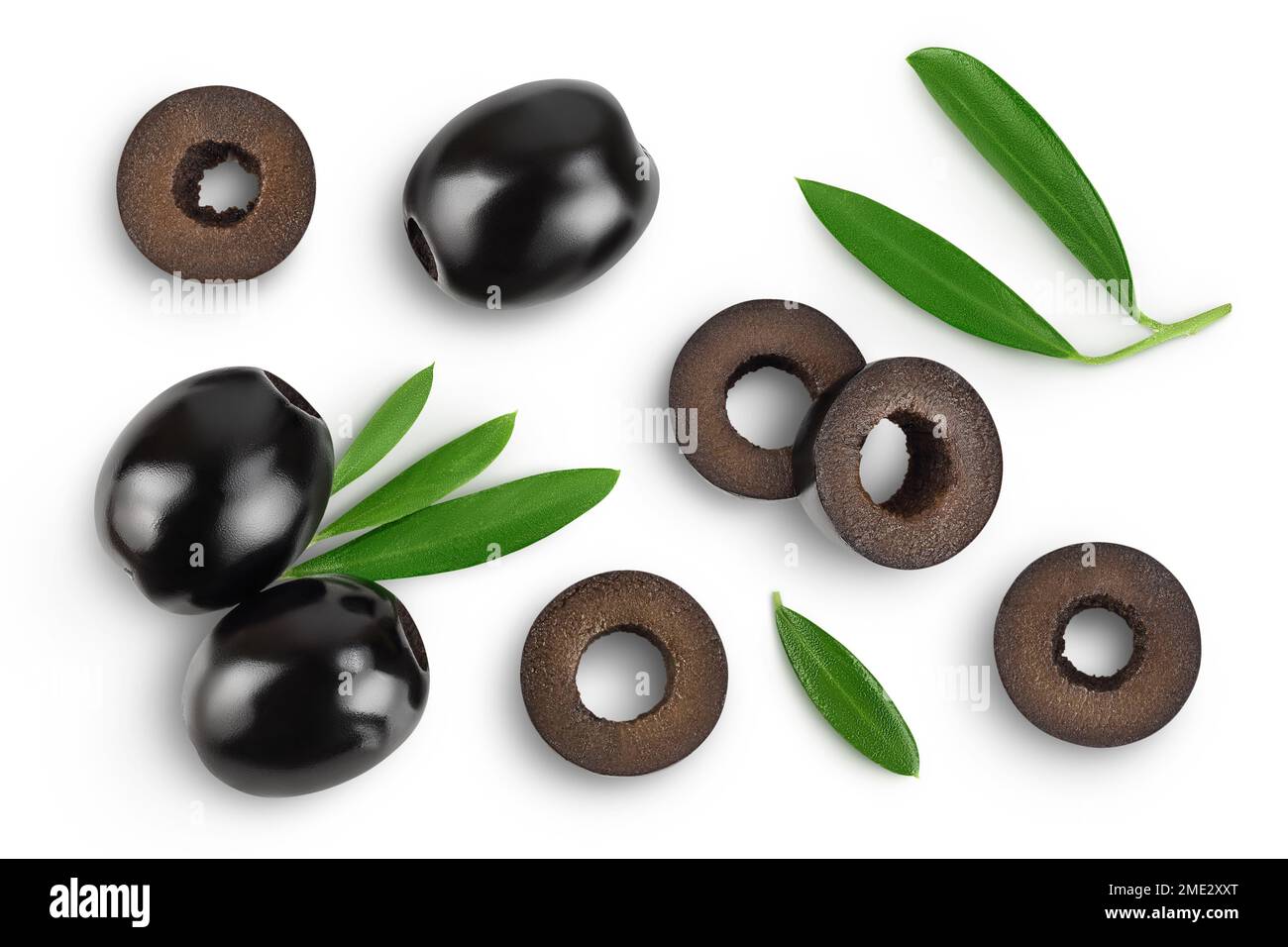 Black olives with leaves isolated on a white background with full depth ...