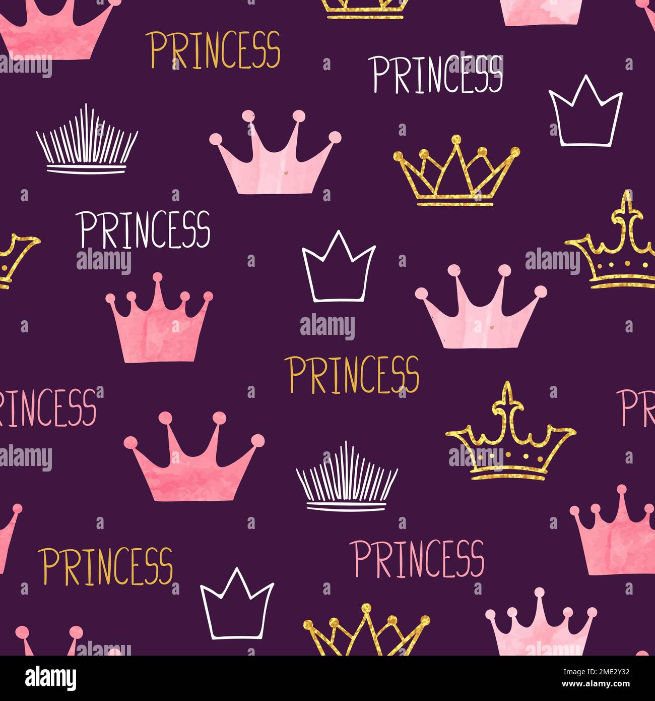 Little princess seamless pattern with watercolor and glittering crowns ...