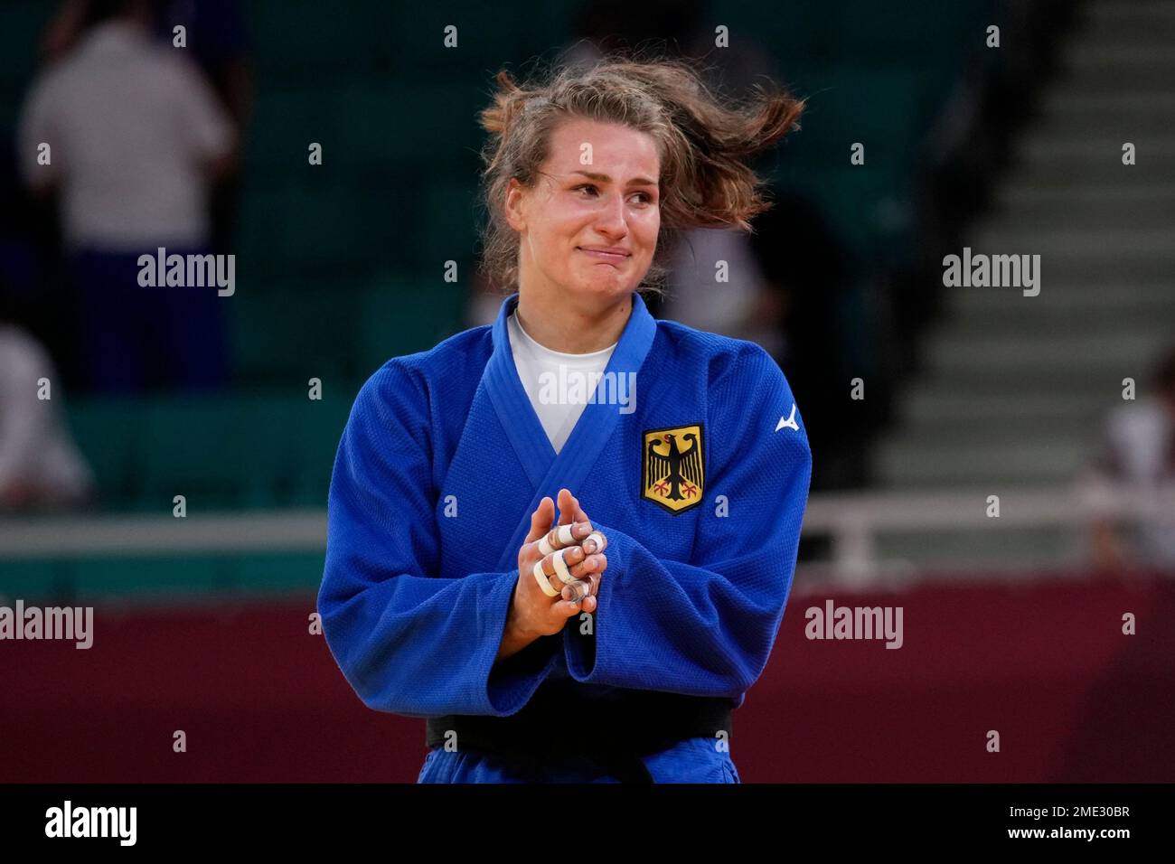 Anna-Maria Wagner of Germany reacts after defeating, Kaliema Antomarchi ...