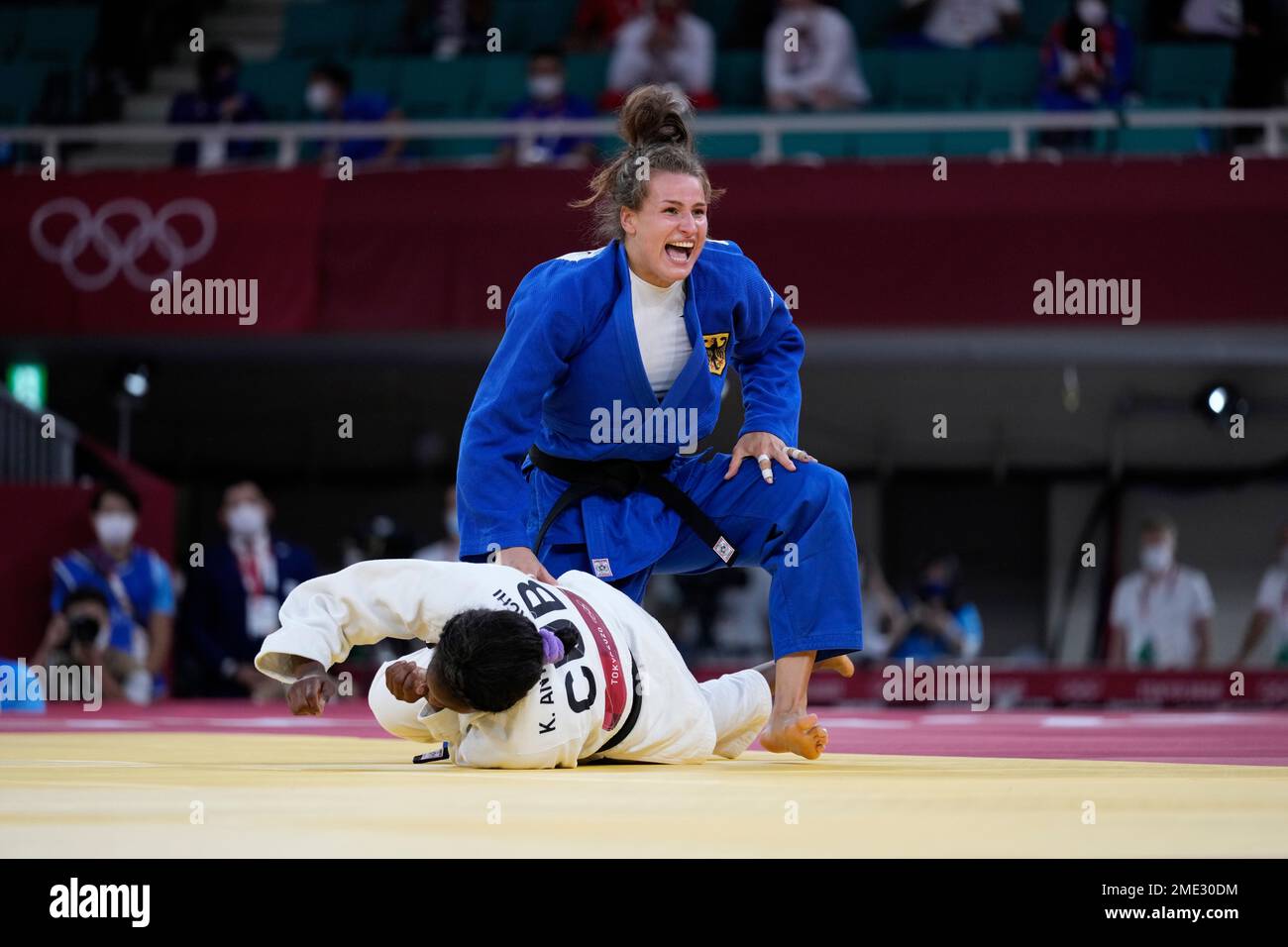 Anna-Maria Wagner of Germany reacts after defeating, Kaliema Antomarchi ...
