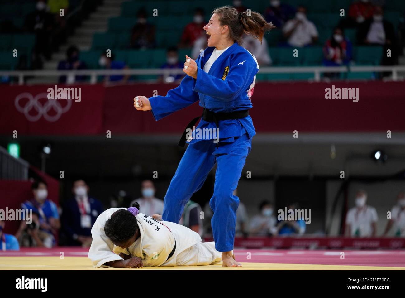 Anna-Maria Wagner of Germany reacts after defeating, Kaliema Antomarchi ...