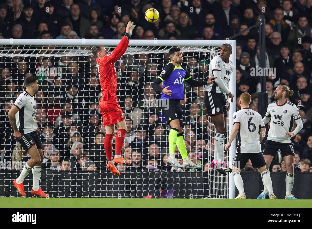 Bernd Leno #17 of Fulham claims the ball during the Premier League ...