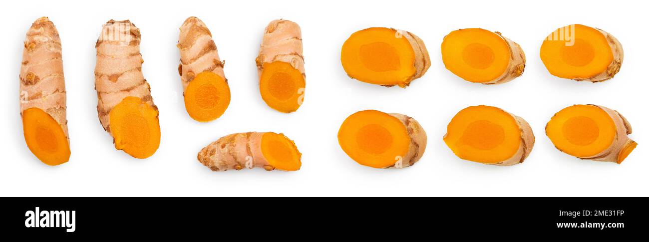 turmeric root and slices isolated on white background. Top view. Flat ...