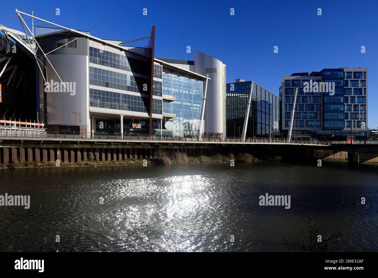Vue Cinema building and waterfront scene, river Taff, Riverside ...