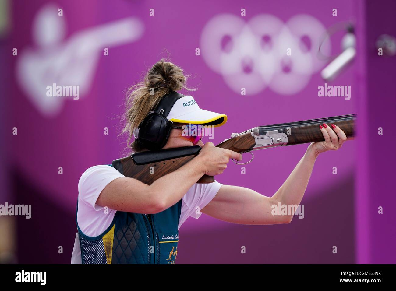 Laetisha Scanlan, of Australia, competes in the women's trap at the ...