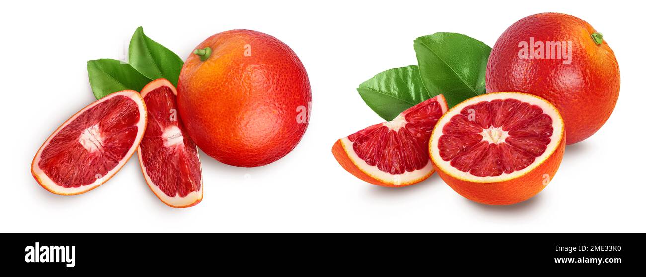 Blood red oranges isolated on white background. Top view. Flat lay ...