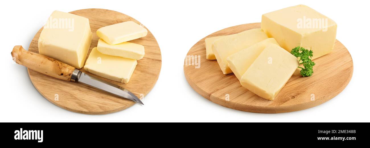 butter slices on wooden board isolated on white background with full ...