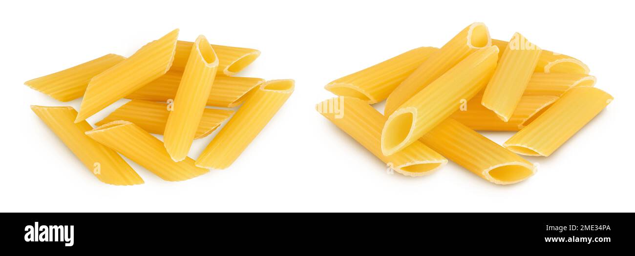 Raw italian penne rigate pasta isolated on white background with full ...