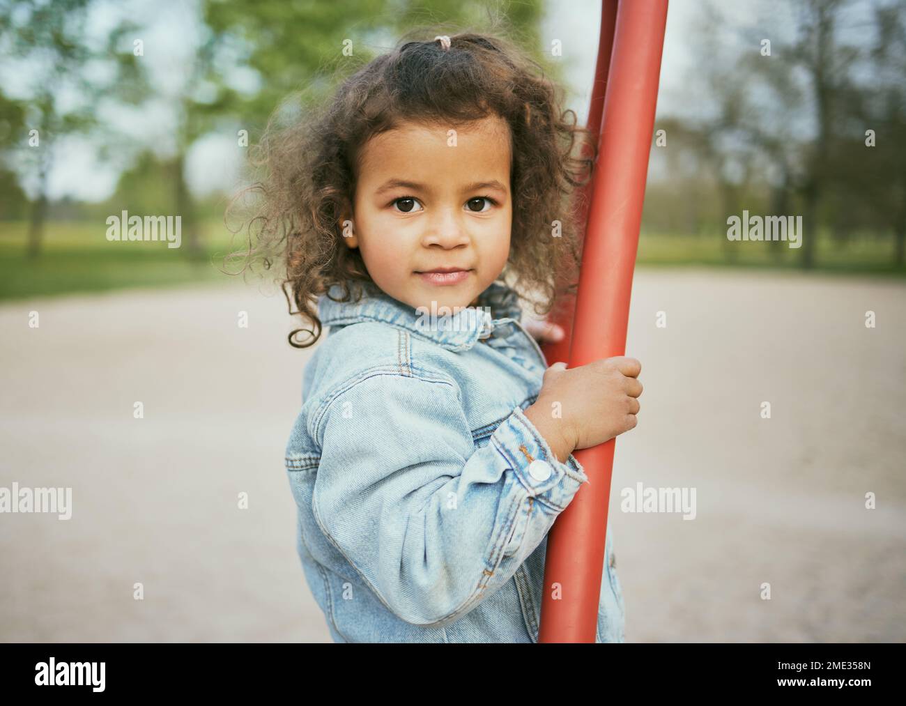 Portrait, black girl and in park to play, summer and happiness on ...