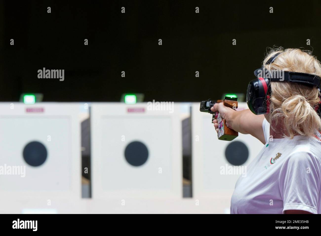 Maria Grozdeva, of Bulgaria, competes in the women's 25-meter pistol at ...