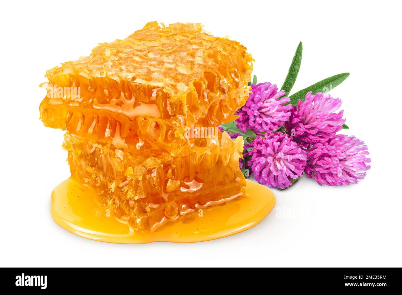 Honeycombs and honey puddle isolated on white background with full ...