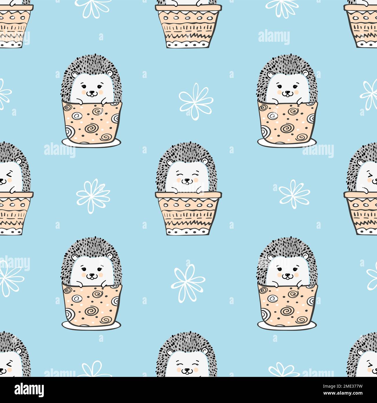 Seamless pattern with cute watercolor hedgehogs in pots. Vector ...