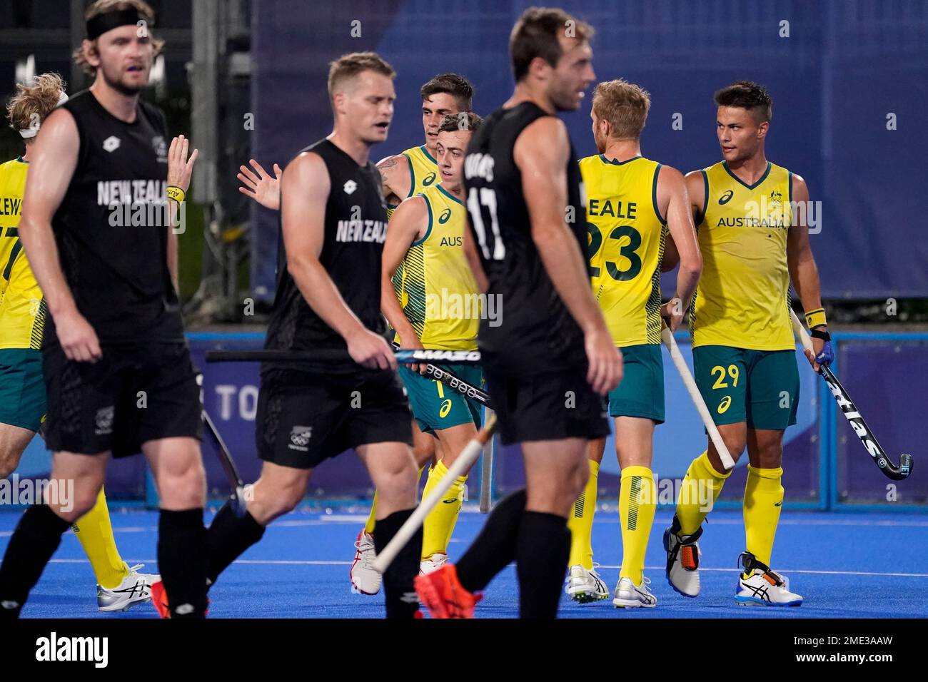 Australia's Tim Brand (29) celebrates with his teammates after scoring ...