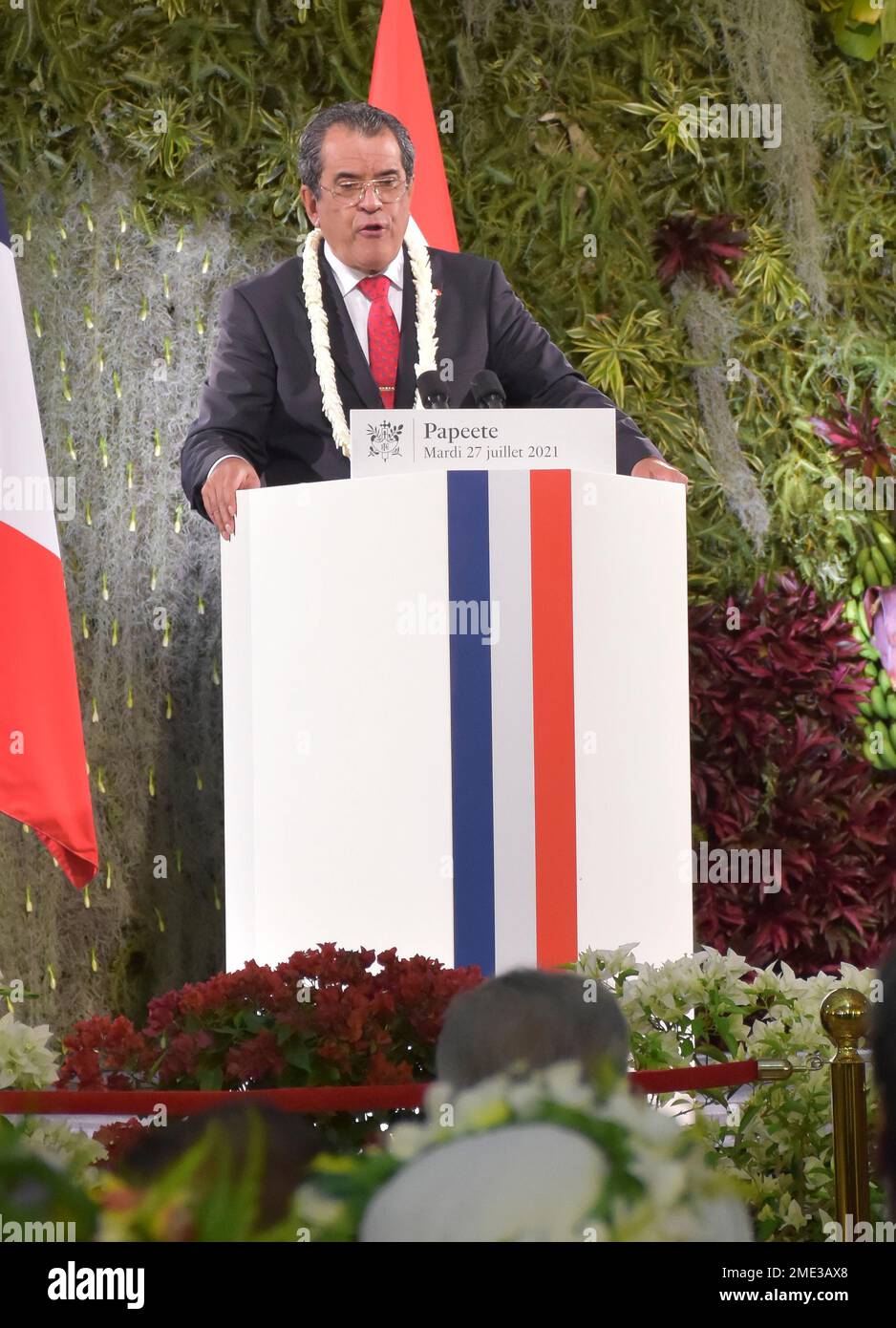 President of the French Polynesia Edouard Fritch wearing a flower lei ...