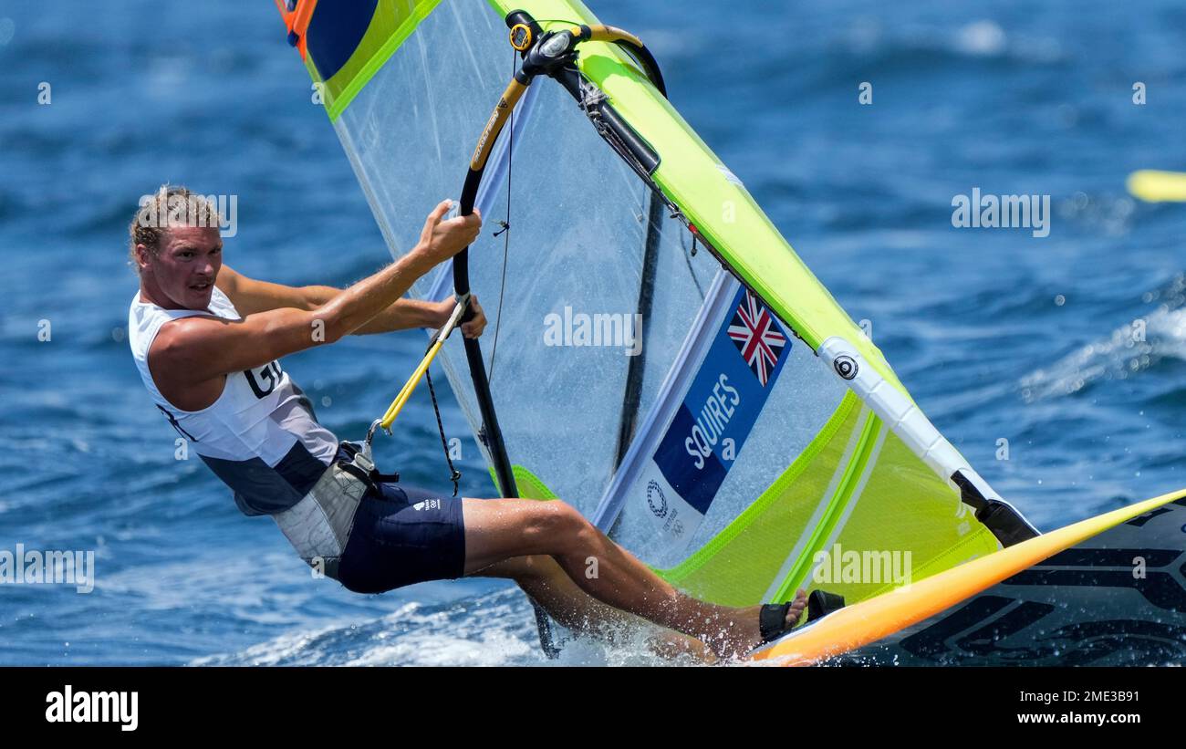 Great Britain's Tom Squires competes during the rs:x men's race at the ...