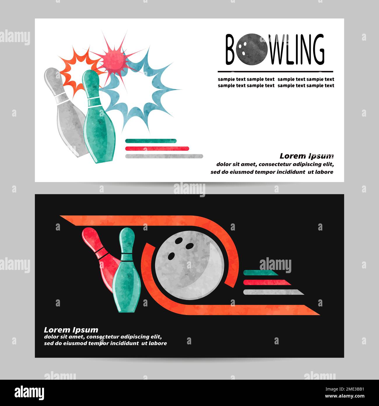 Bowling vector poster, flyer or banner design. Watercolor colorful ...
