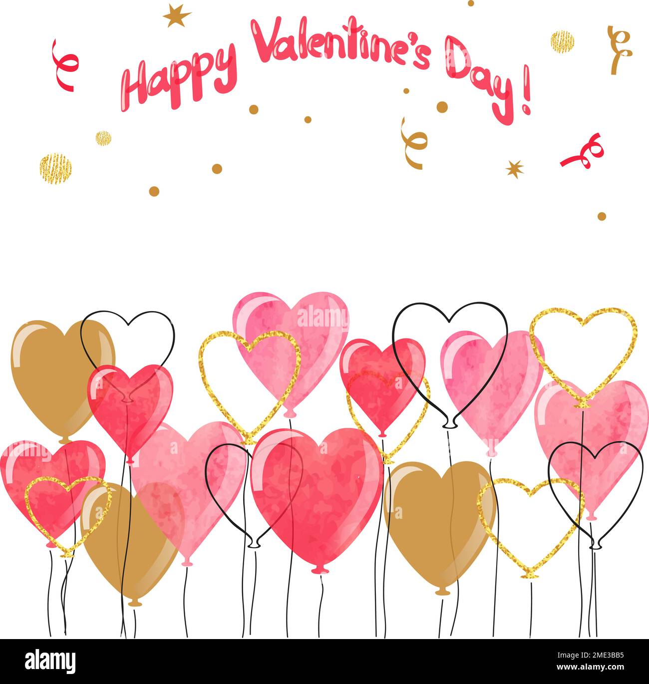 Valentine watercolor hearts balloons border. Vector romantic ...