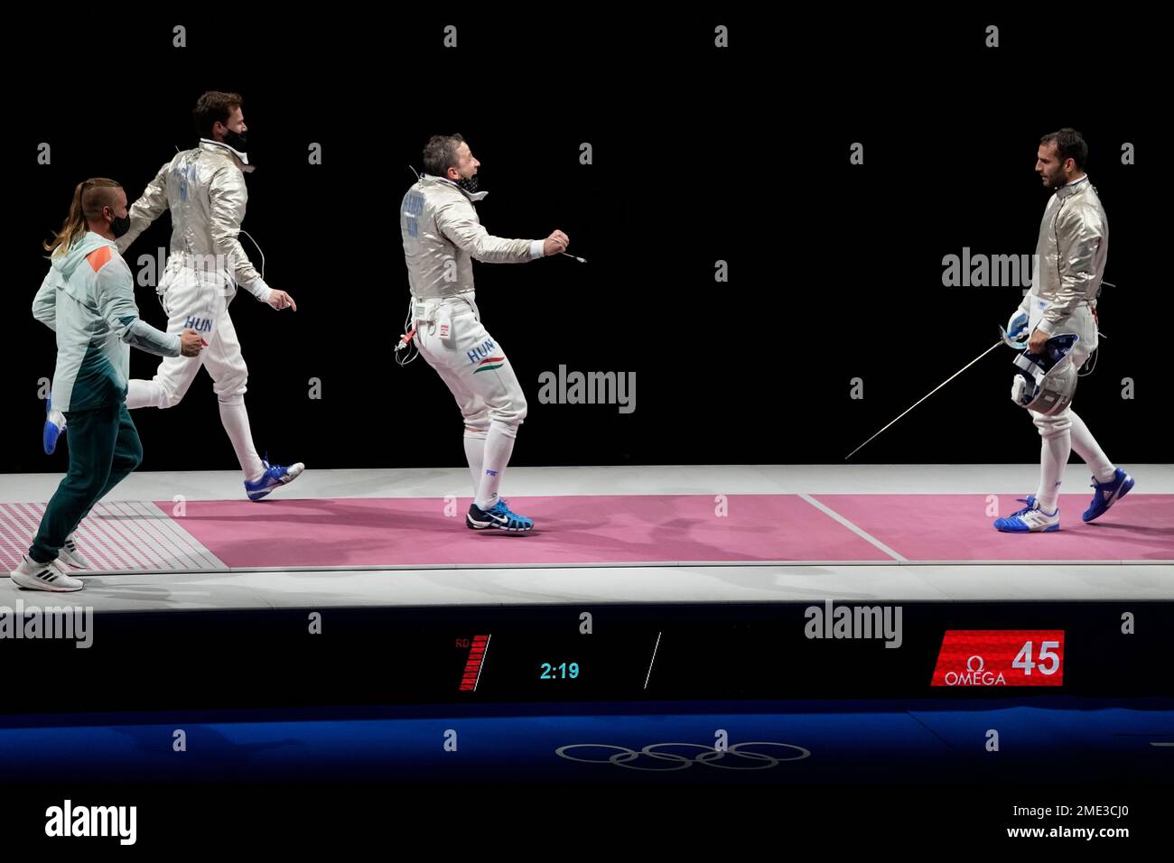 Hungary Sabre team, celebrate defeating Germany Sabre team in the men's ...