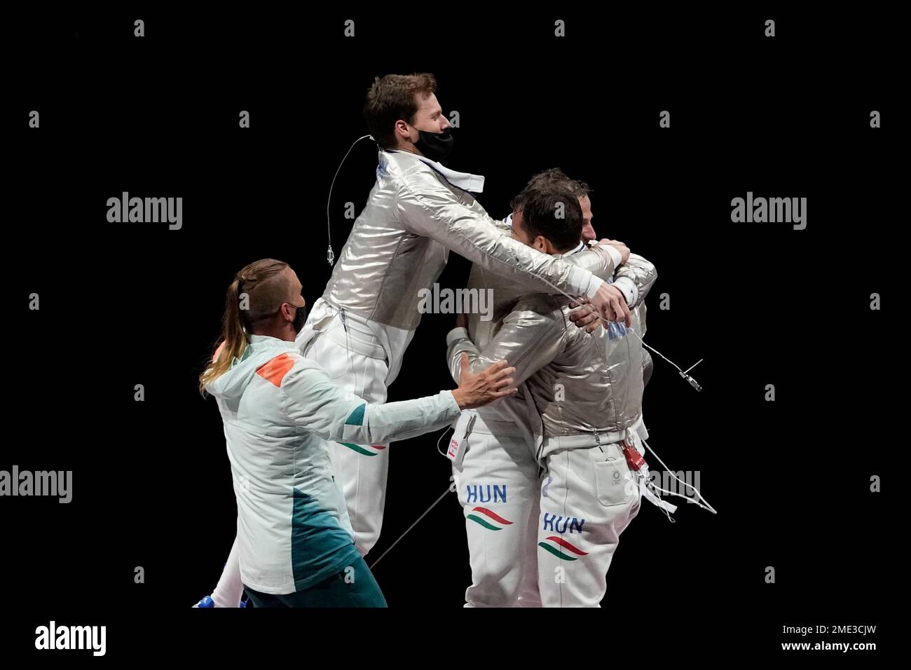 Hungary Sabre team, celebrate defeating Germany Sabre team in the men's ...