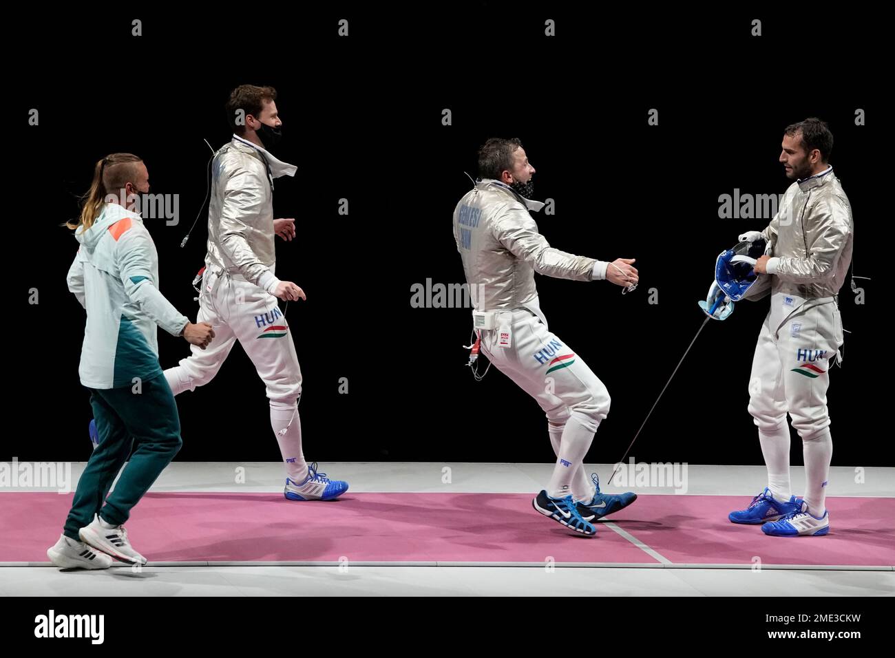 Hungary Sabre team, celebrate defeating Germany Sabre team in the men's ...