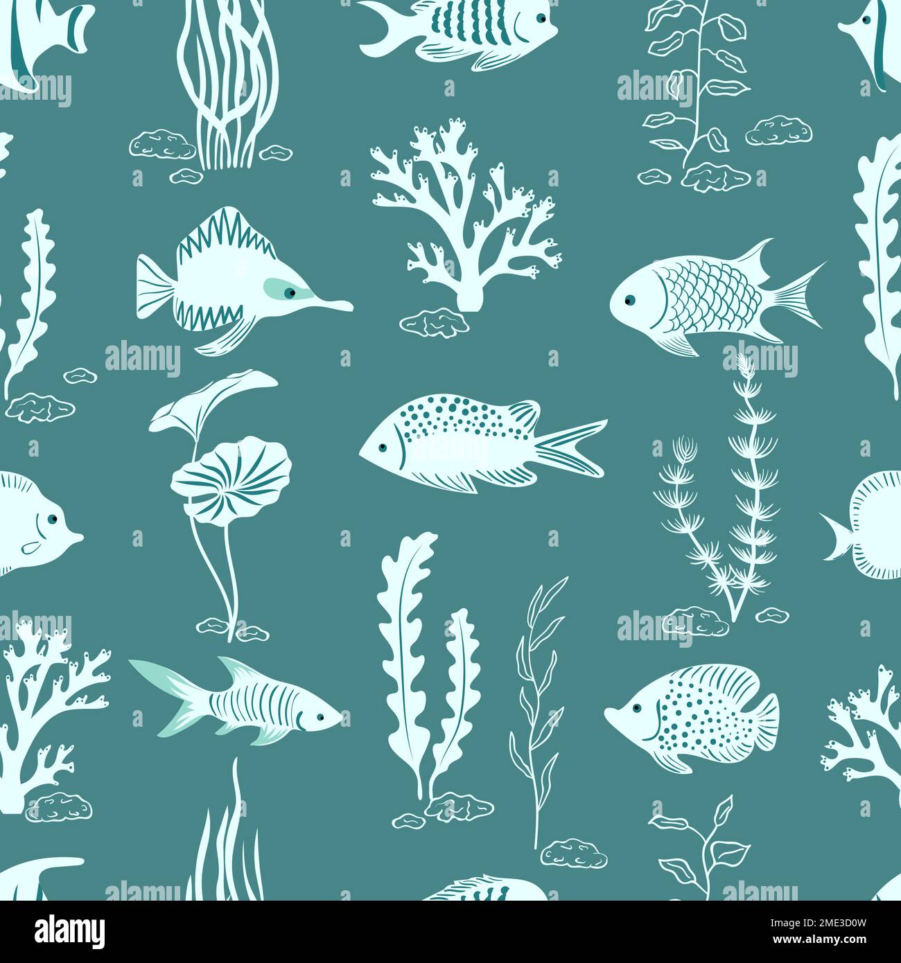 Underwater life vector background in blue color. Silhouettes of corals ...