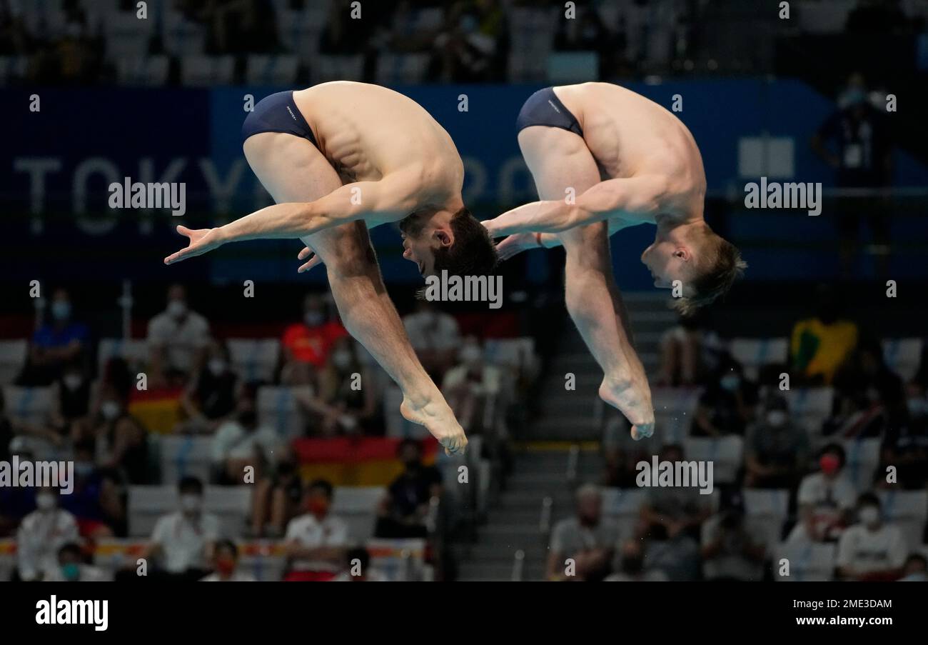 Daniel Goodfellow and Jack Laugher of Britain compete during the men's ...