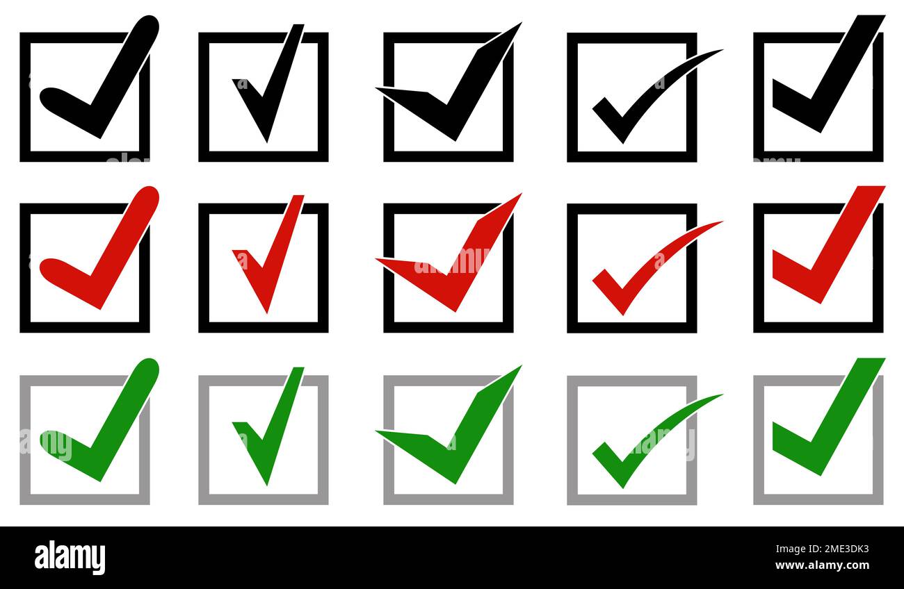 Collection of different check mark icons in boxes isolated on white ...