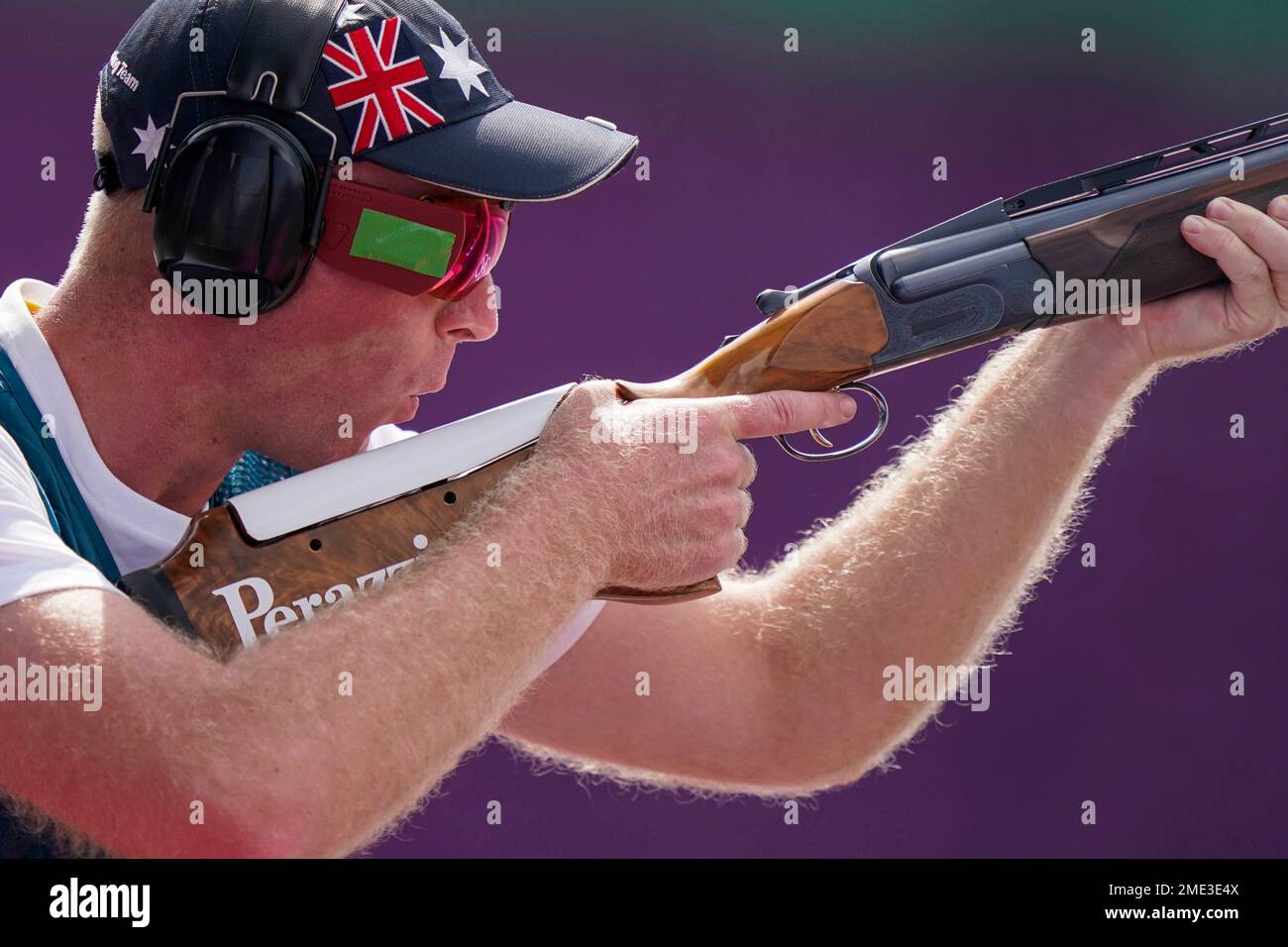 James Willett, of Australia, reacts as he competes in the men's trap at ...