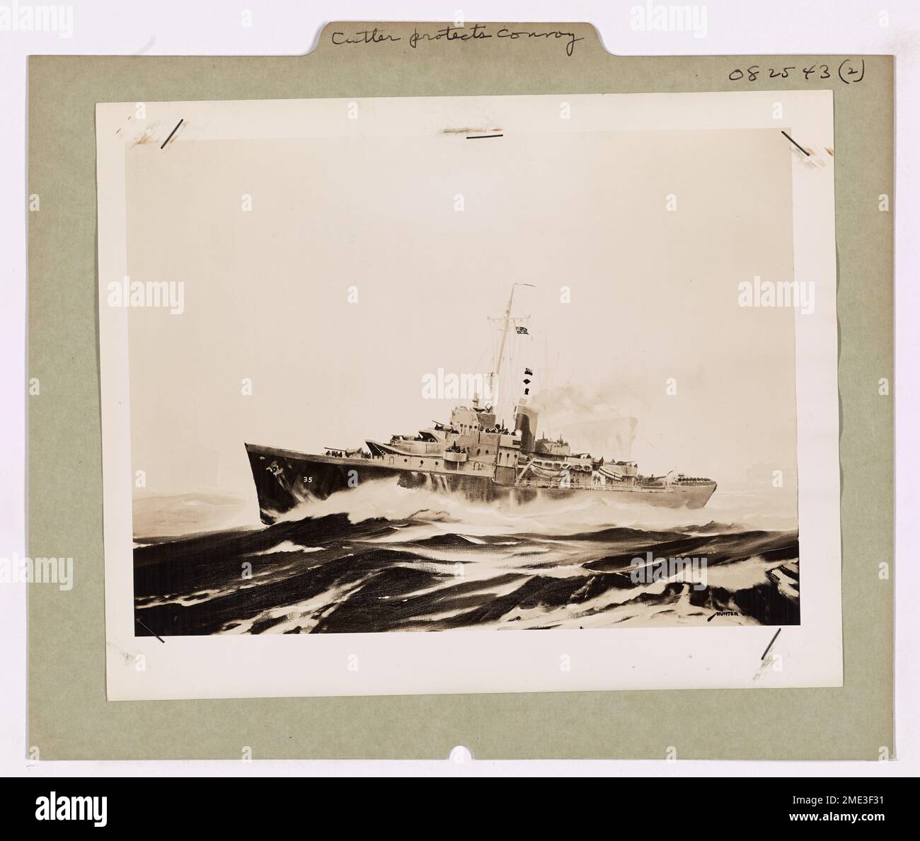 An oil painting shows a U.S. Coast Guard cutter navigating rough seas ...