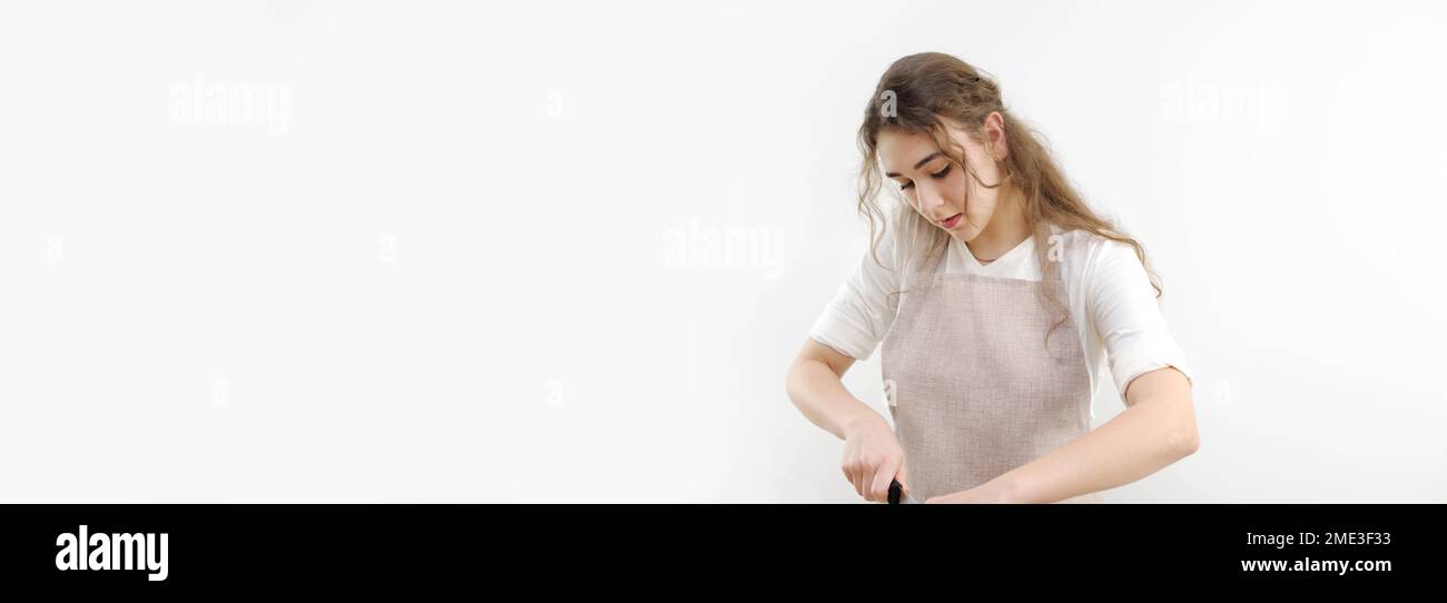 banner cook food crucible mold woman girl close-up cooking something in ...