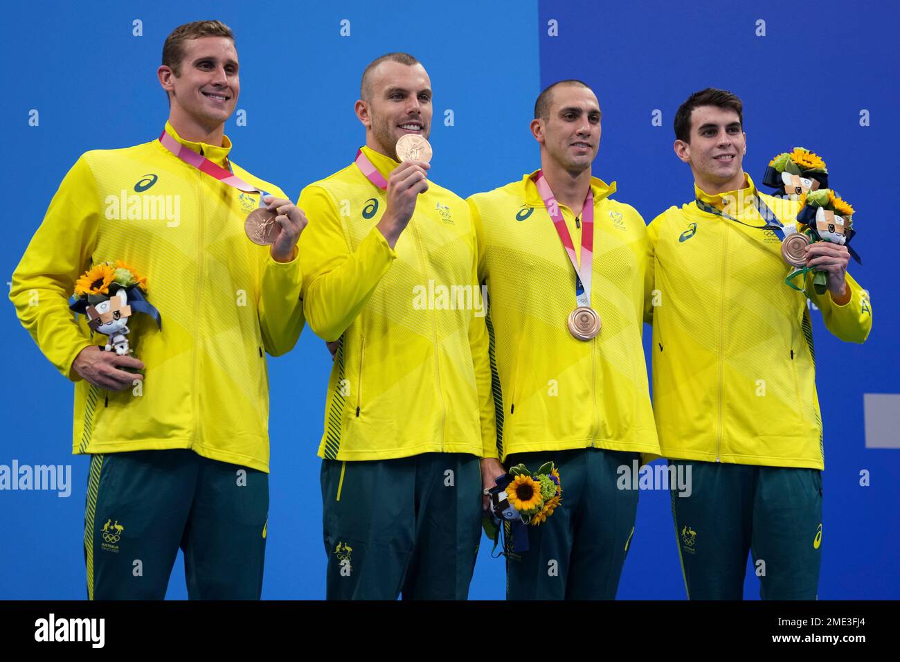Australia's men's 4x200-meters relay team from left, Alexander Graham, Kyle Chalmers, Zac ...