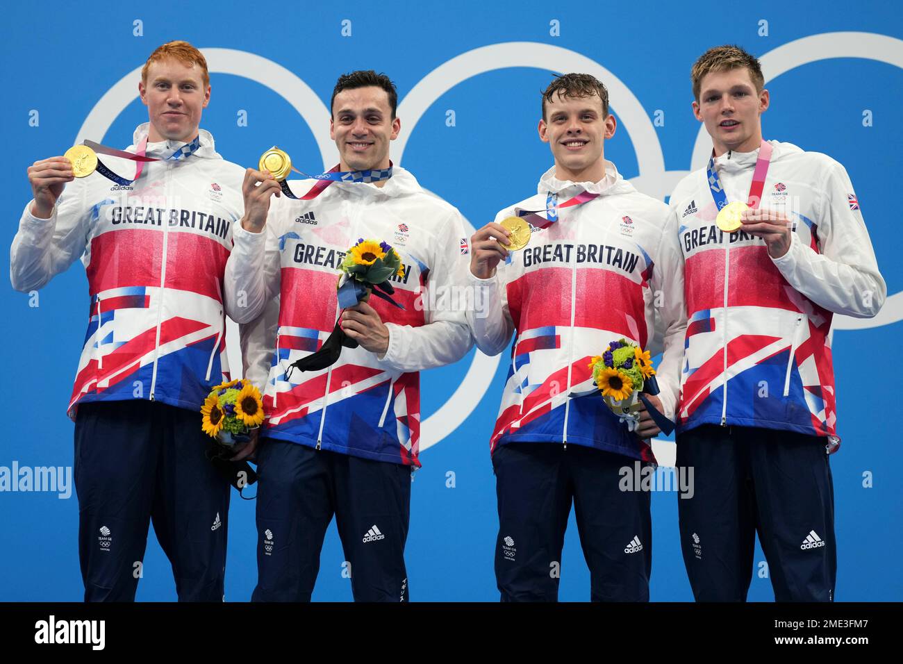 Britain's men's 4x200-meters relay team from left, Tom Dean, James Guy ...