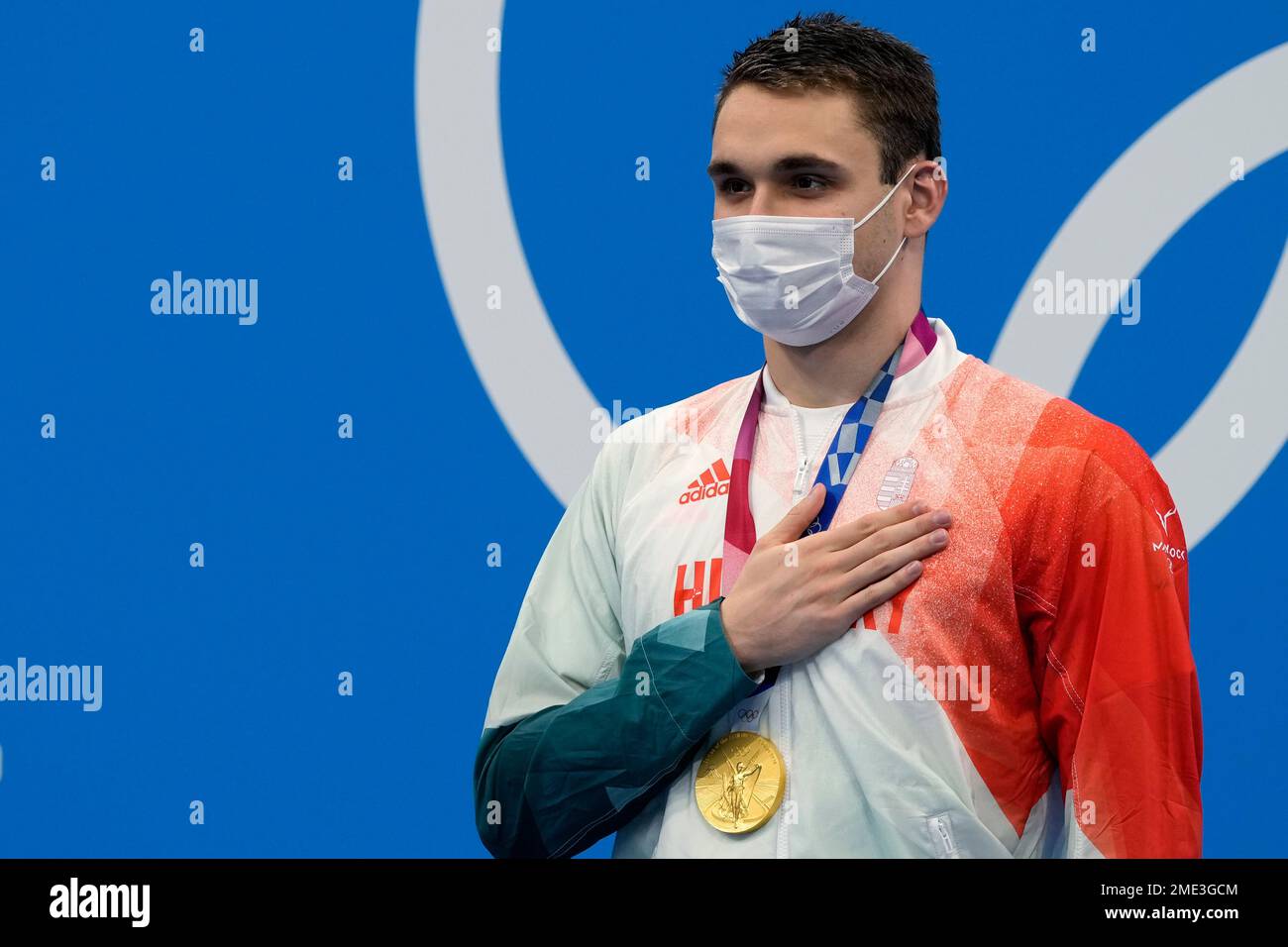 Kristof Milak of Hungary poses on the podium after receiving his gold ...