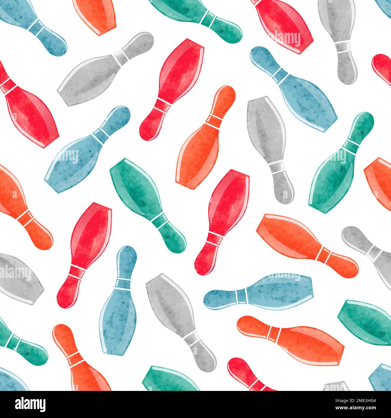 Seamless pattern with colorful watercolor bowling pins. Vector bowling ...