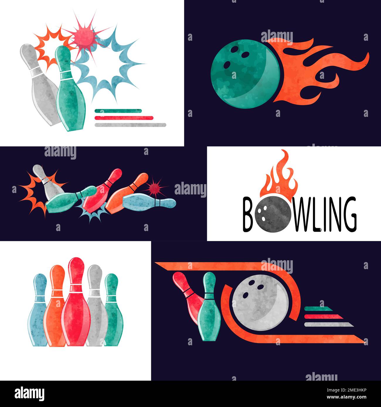 Set of watercolor colorful bowling logo, icons and symbols. Bowling ...